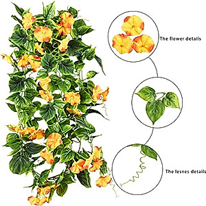 MARTINE MALL Morning Glory Flower Vine 15Feet Artificial Flower Vines Morning Glory Hanging Plant Fake Hanging Vine Flowers Hanging Plants Silk Garland for Wall Stairway Home Decor Yellow, 2 Pcs