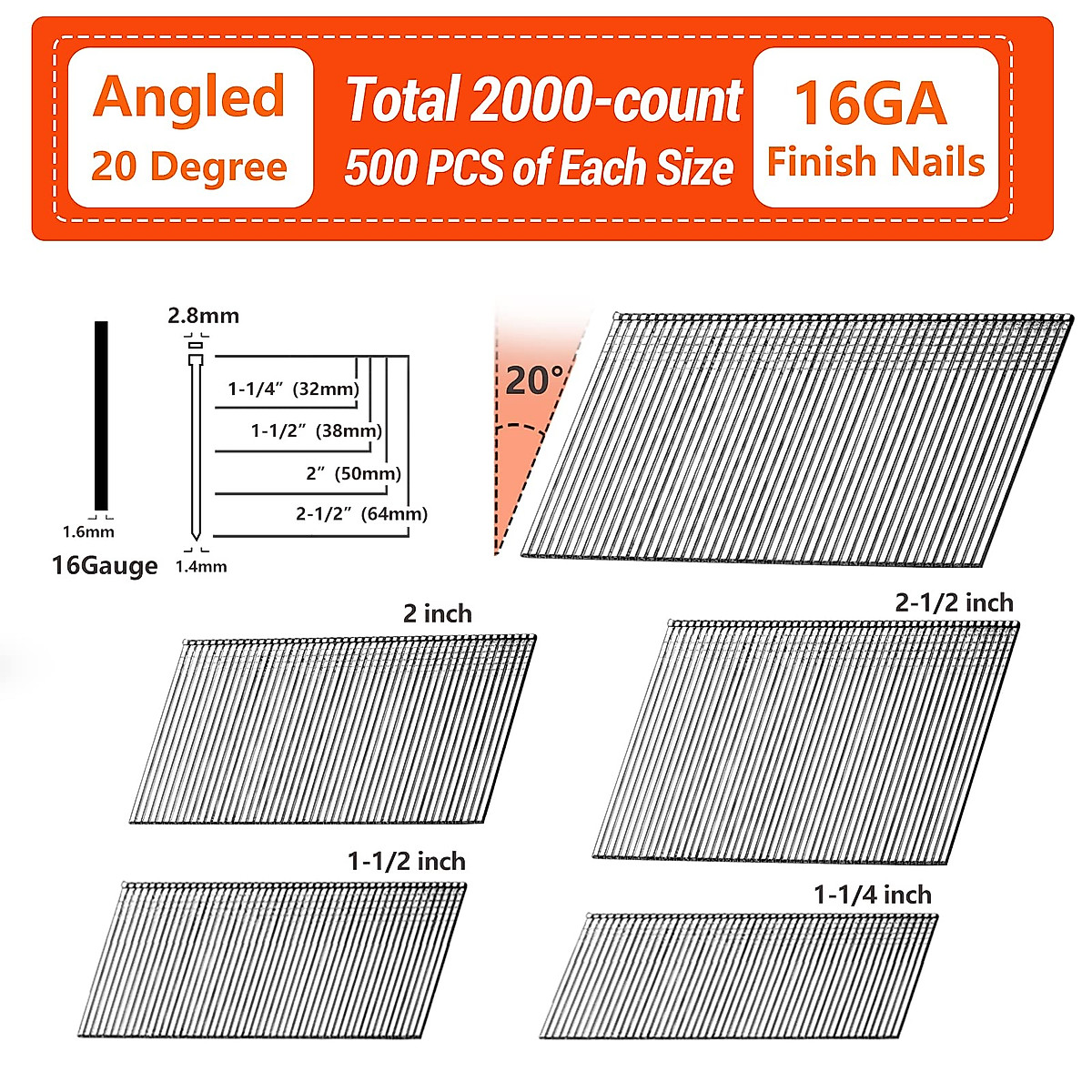 SITLDY 16 Gauge Angled Finish Nails, 20-Degree, 2000-Pack (2-1/2", 2", 1-1/2", 1-1/4" 500 Per Sizes), Galvanized Assorted Size Project Pack, for Pneumatic, Electric Angled Finish Nailer (2000)