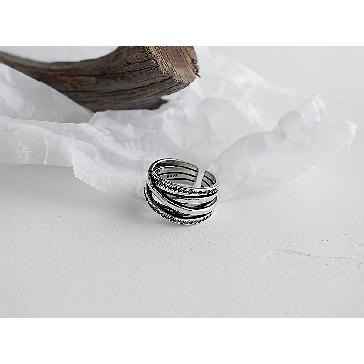 Leon Design Sterling Silver Multi Layer Winding AAAA Grade Cubic Zirconia Statement Rings for Women CZ Diamond Multi Row Silver Retro Vintage Engagement Wedding Adjustable Band Ring for Women