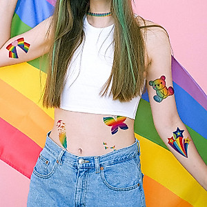 CHARLENT Glitter Rainbow Temporary Tattoos - 140 PCS Glitter Pride Tattoos Butterfly Heart Rainbow Tattoos for Pride Party Favors