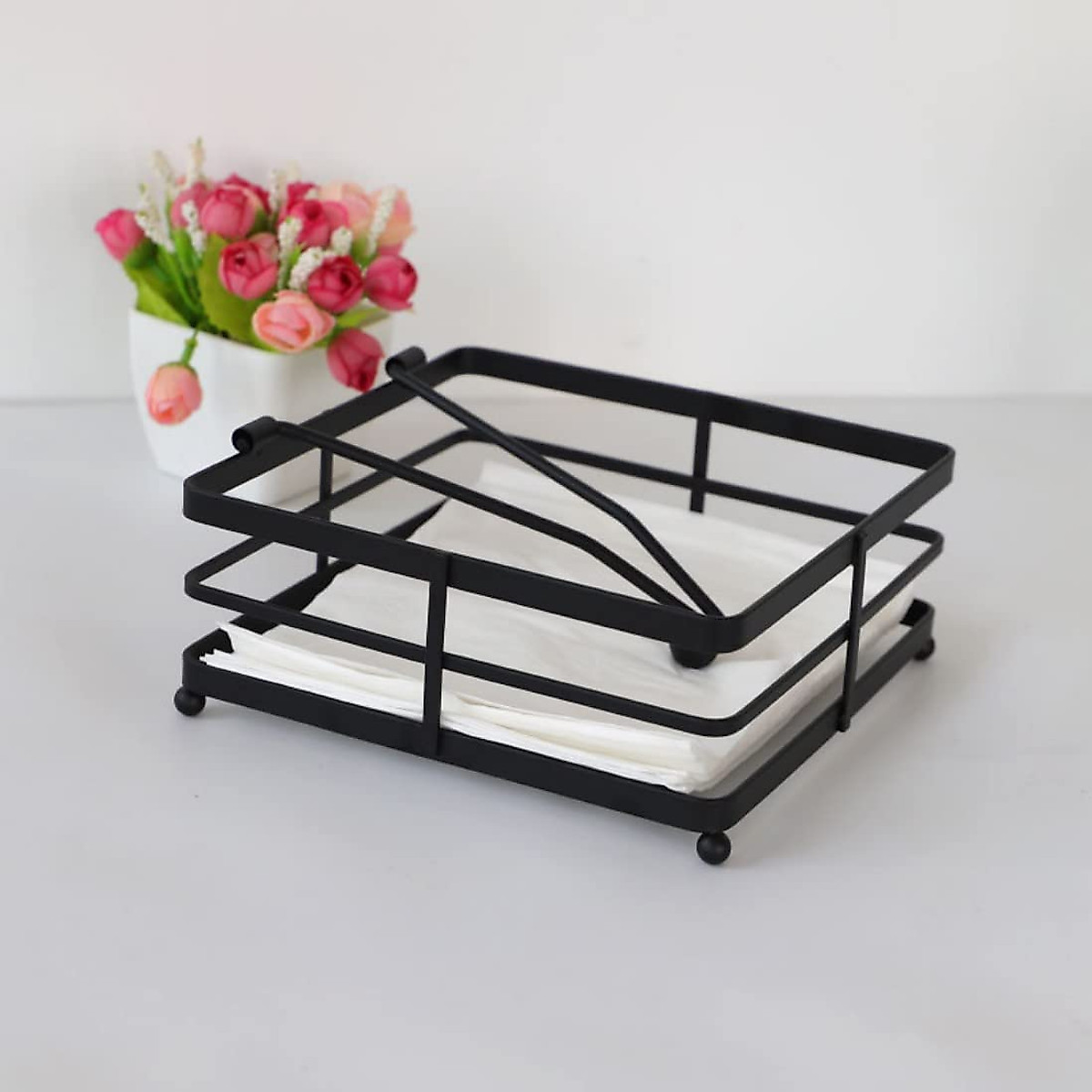 Flat Napkin Holder, Tissue Rack Stand for Kitchen Dining Table, Black Metal Napkin Dispenser with Weighted Arm, Square Tissue Holder for Farmhouse Kitchen Countertops Tables Tissue Storage basket