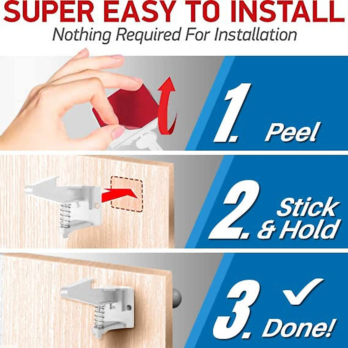 Cabinet Locks for Babies - Child Safety Latches 10 Pack - Invisible Adhesive Baby Proofing Drawer Locks - Works with Most Cabinets and Drawers - No Drilling Installation - (White)