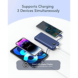 VRURC Portable Charger 20000mAh, Fast Charging Power Bank USB C,4 Output 2 Input Charging Bank Equipped with LED Display,Built-in Wall Plug and Cables,Cell Phone Replacement Battery,Blue