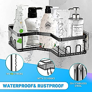 Wiqeerilly Corner Shower Caddy, Adhesive Bathroom Shower Organizer with 22 Hooks, 304 Stainless Steel Rustproof Shower Shelf for Inside Shower & Kitchen Storage - 5 Pack (Matte Black)