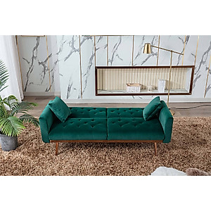 SZLIZCCC 63" Green Velvet Couch, Tufted Loveseat Sofa, Convertible Futon Sofa Bed, Accent Sofa Recliner, Golden Metal Legs, 2 Couch Pillows, Mid Century Modern Sofas for Home Living Room Bedroom