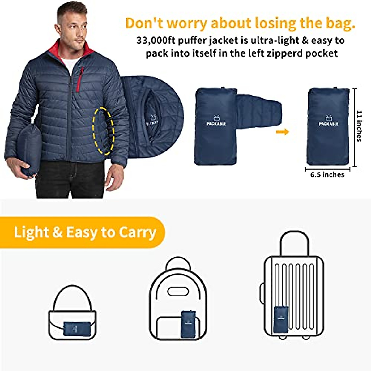 33,000ft Men's Lightweight Packable Insulated Puffer Winter Jacket, Water-Resistant Warm Quilted Down Alternative Puffy Coat