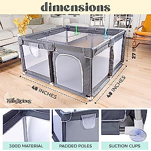 Baby Playpen Mat for Indoor Outdoor Use - Large Play Pen Activity Center for Babies & Toddlers - Durable, Breathable Mesh Foldable Safety Play Yard with Travel Carry Bag - Grey, 50" by 50"