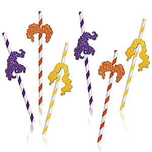 Whaline Halloween Paper Straws Hocus Pocus Glitter Witch Disposable Paper Straws with Glue Points Yellow Orange Purple Stripe Witch Drinking Straws for Halloween Party Supplies Decoration, 30Pcs