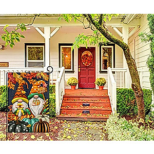 BLKWHT Fall Pumpkin Gnomes Small Garden Flag 12x18 Inch Vertical Double Sided Welcome Halloween Thanksgiving Maple Leaves Burlap Yard Outdoor Decor BW031-18