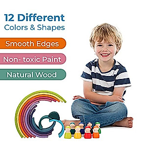 TEKOR 35 Pcs Wooden Rainbow Stacking Toy Set, Montessori Building Blocks for Toddler Girl Boy, Stacker Puzzle Educational Preschool Gifts for Kids, Semi-Circle, Stacking Blocks, Little Peg Dolls