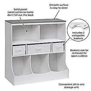 Badger Basket Combo Bin Toy Storage Unit and Book Shelf for Kids with 3 Baskets - White/Gray