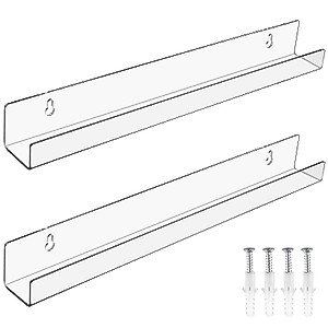 2 Pieces Acrylic Floating Shelves, 15inch Clear Acrylic Shelf, Invisible Wall Mount Bookshelf with Mounting Kit, Small Bathroom Shelves for Record, Book, Funko Pop Figure Display