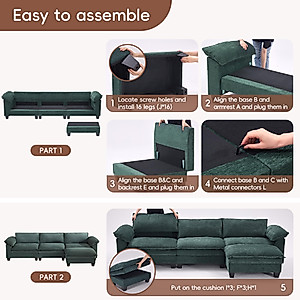 Tbfit Sectional Couches for Living Room,123" Oversized Comfy Cloud Couch, Chenille Modular Sectional Sleeper Sofa, Deep 4 Seat L Shaped Couch with Movable Ottoman, Green