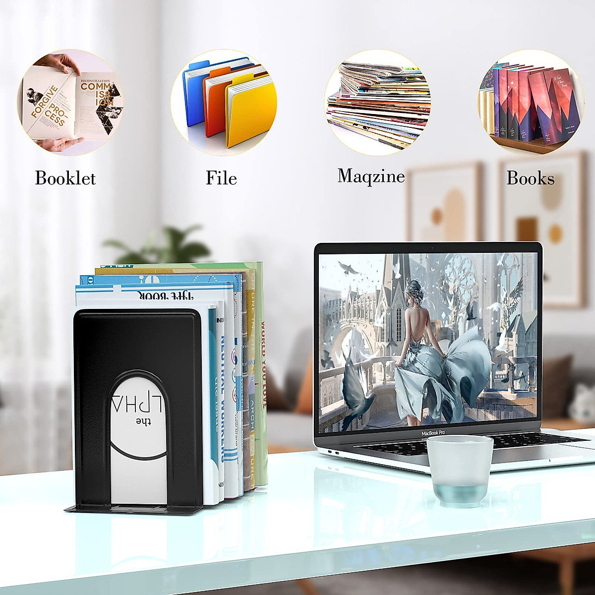 Bookends, Bookend Supports Heavy Duty Metal Bookend Support, Book Ends Supports for Shelves Decor Home Office School (1 Pair/2 Pieces, Black)