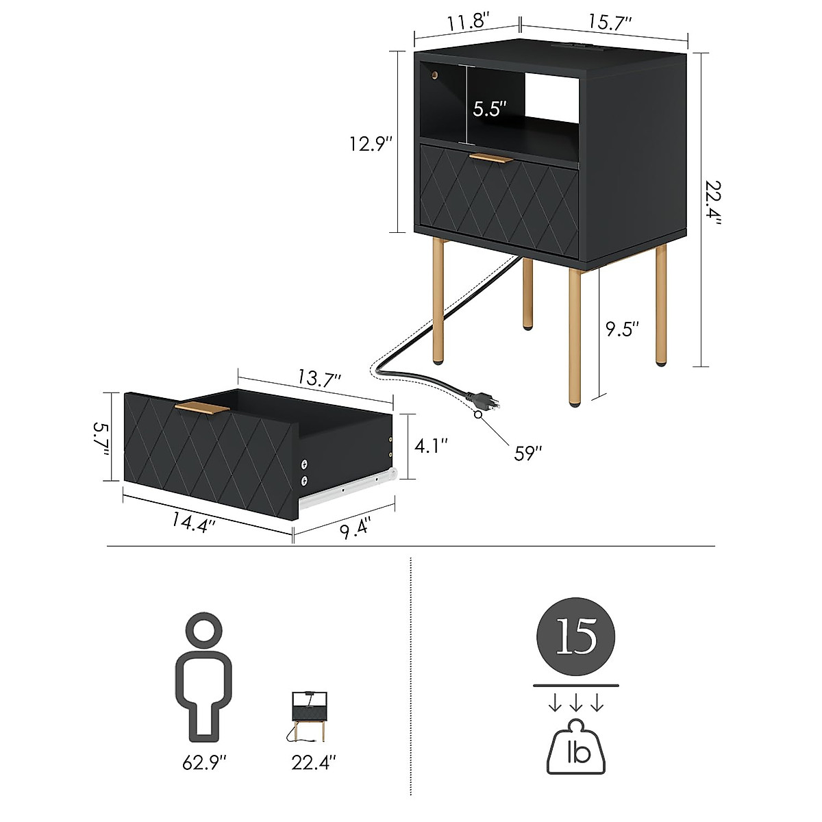 Aobafuir Nightstand with Charging Station, Drawer Dresser for Bedroom, Small Side Table with Drawer, Night Stand, End Table with Gold Frame for Bedroom, Living Room, Diamond Black