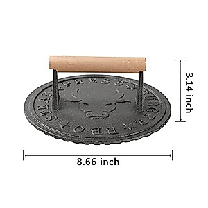 Swanna 8.66-Inch Round Cast Iron Grill Bacon Press With Wood Handle,Meat Presser,Iron Barbecue, BBQ Press,Grill Accessories, Make Griddle Steak Burger Bacon (a)