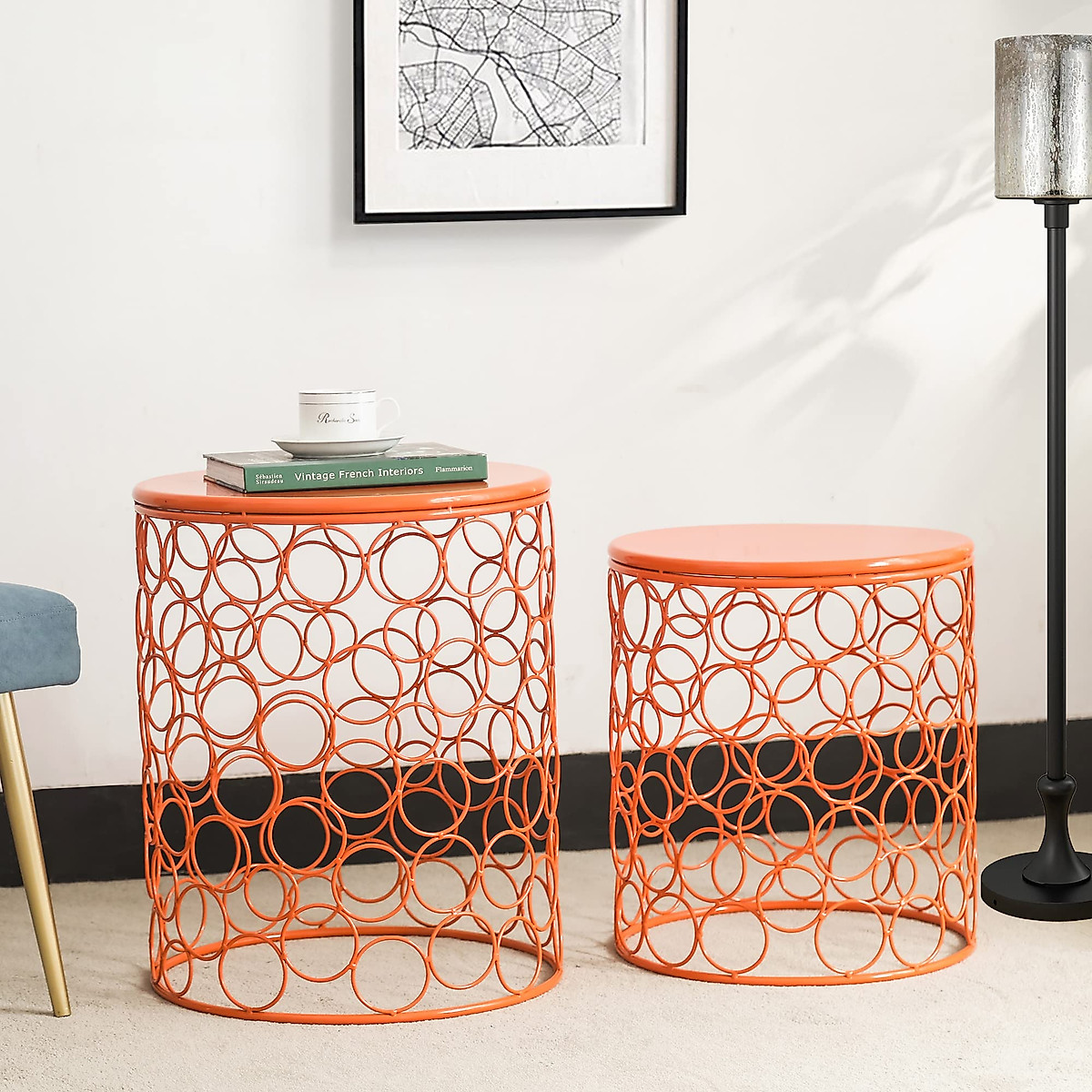 Adeco Home Garden Accents Circle Wired Round Iron Metal Nesting Stool Side End Table Plant Stand, Bubble Pattern, Orange Red, Set of Two