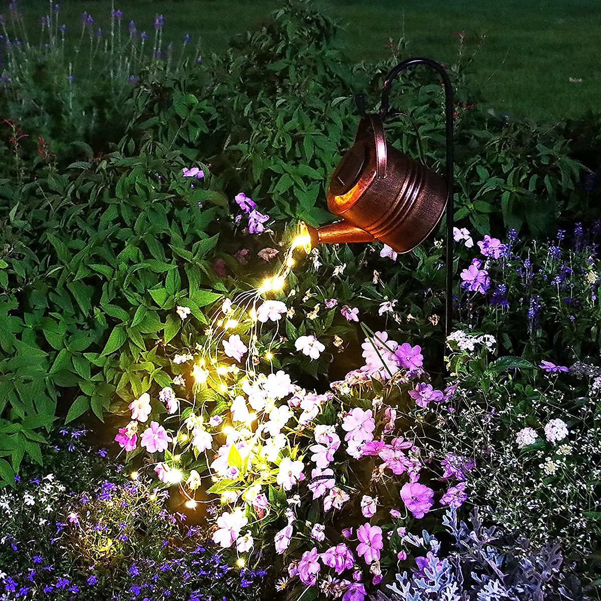 Solar Watering can with Garden Decor Lights-Star Shower Art LED Solar Twinkle Lights Outdoor Waterproof, Fairy Light Firefly Copper Wire Bunch with Bracket, Metal Decor for Home Pathway Patio Yard