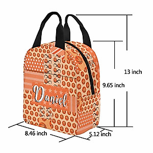 Custom Boys Insulated Lunch Bag with Name Reusable Lunch Bag for Teen Orange Basketball Personalized Lunch Totes Bags Cooler Lunch Bag for Kids Work School Picnic or Travel