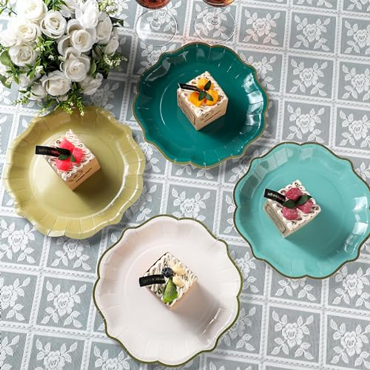 Suttmin 180 Pcs Pastel Paper Plates Gold Foil Scalloped Edging Disposable Paper Plates 9 Inch Dessert Plates Pastel Colors Dinner Plates for Wedding Birthday Baby Shower Bridal Shower (Green Series)