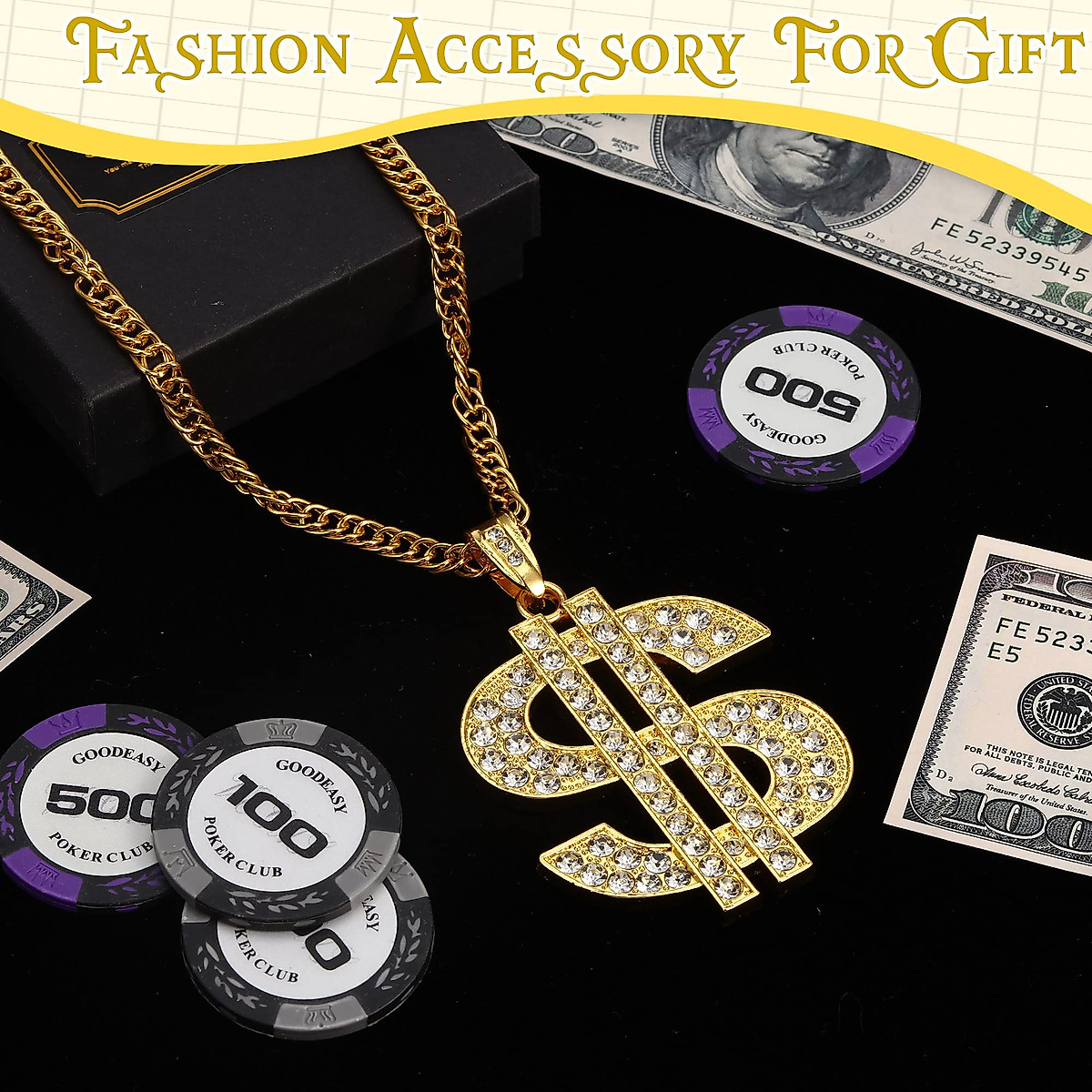 Tatuo 2 Pieces Plated Chain for Men with Dollar Sign Pendant Necklace, Hip Hop Dollar Necklace (Gold,Trendy Style)