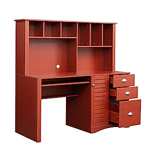 Xshelley Home Office Computer Desk with Hutch, 3 Drawers, Keyboard Tray (Red)