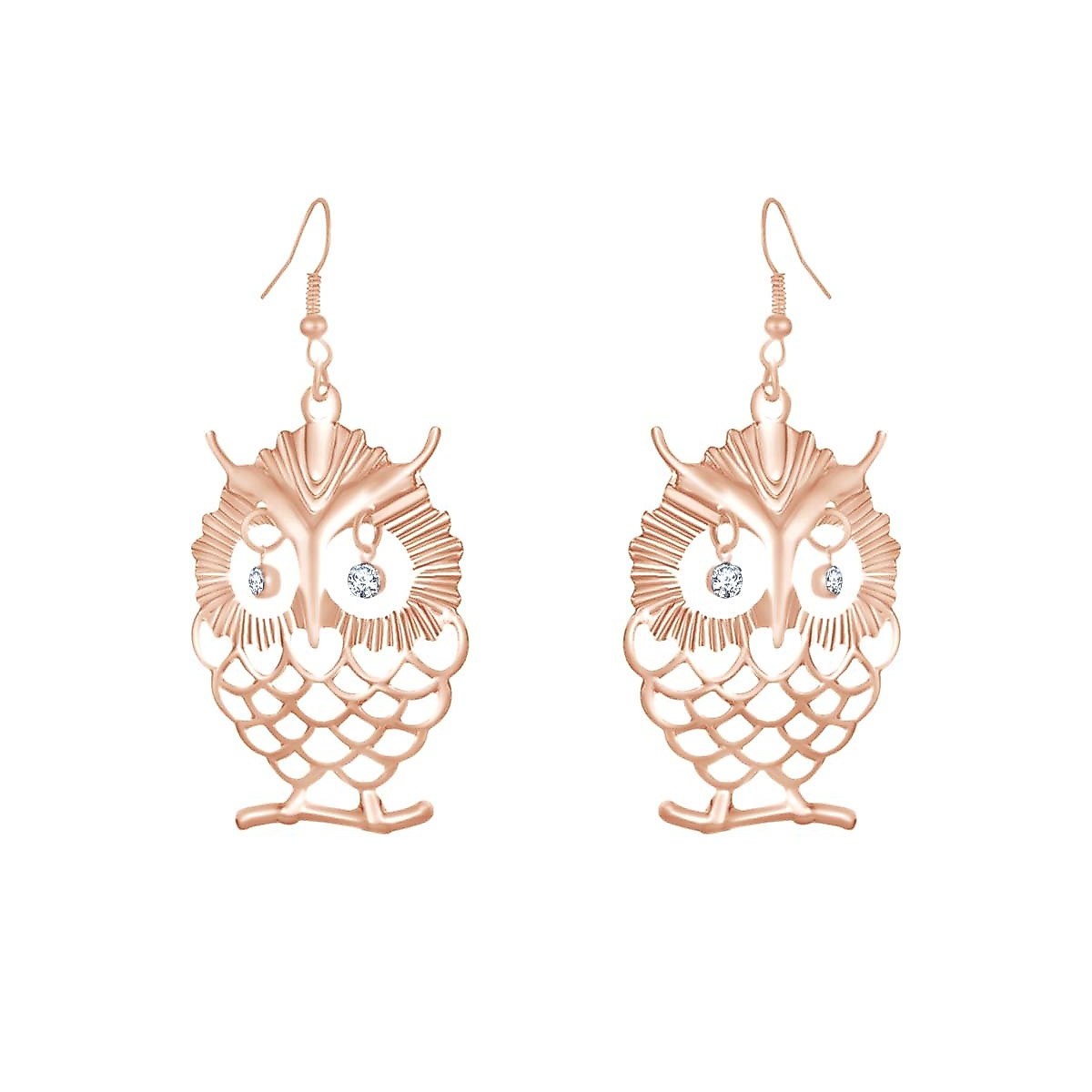 Round Shape White Cubic Zirconia Owl Dangle Earring In 14k Rose Gold Over Sterling Silver