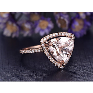 Triangle Morganite Engagement Ring Set,10mm Trillion Stone Halo Diamond 14k Rose Gold Rings Stacking Band