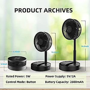 RealSmart Portable Folding Fan, Rechargeable USB Floor Table Desk Fan with Adjustable Height, 3 Speed battery operated fan, Pedestal Fans for Personal Bedroom Office Fishing Camping Travel, Black 6.5"