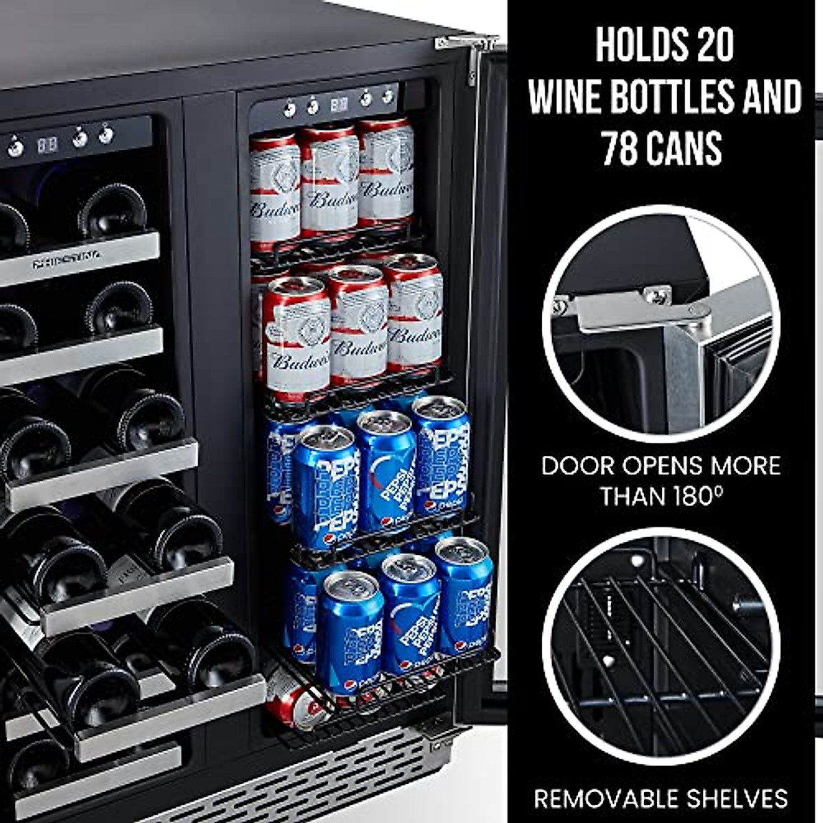 Phiestina Wine Cooler Beverage Refrigerator, 24” Beer Wine Fridge with Dual-Zone Digital Temperature Control, Glass Front Doors and Interior Lighting Holds 20 Bottles and 72 Cans on Removable Shelves