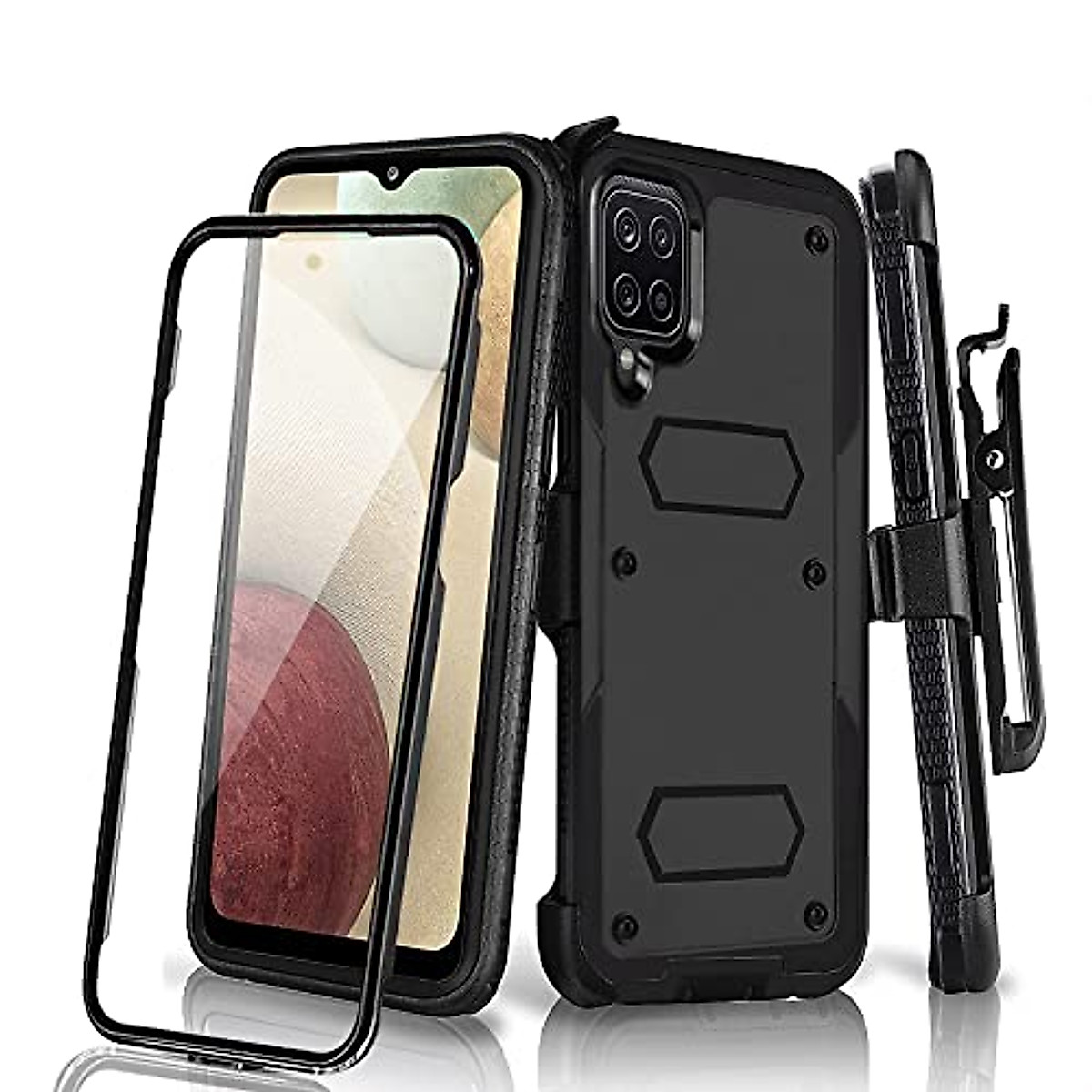 Holster Case for Samsung Galaxy A12 with Swivel Belt Clip, Built-in Screen Protector Heavy Duty Full Body Protection Shockproof Kickstand Cover for Outdoor Sports (Samsung A12)