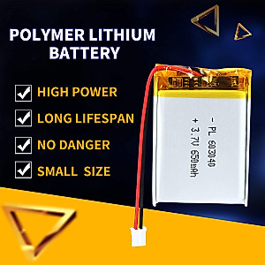 AKZYTUE 3.7V 650mAh 603040 Lipo battery Rechargeable Lithium Polymer ion Battery Pack with PH2.0mm JST Connector