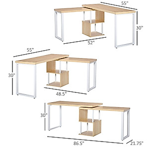 HOMCOM 55" 360 Degree Rotating Corner L-Shaped Computer Desk with Storage Shelves, Home Office Study Writing Workstation Modern Space-Saving Design, Oak