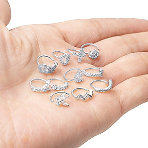 Tornito 10Pcs Nose Ring Hoop Paved Flower Leaf Feather CZ Cartilage Earrings Nose Piercing Jewelry for Women Men Silver Gold Rose Gold Tone 20G (H: Silver Tone)