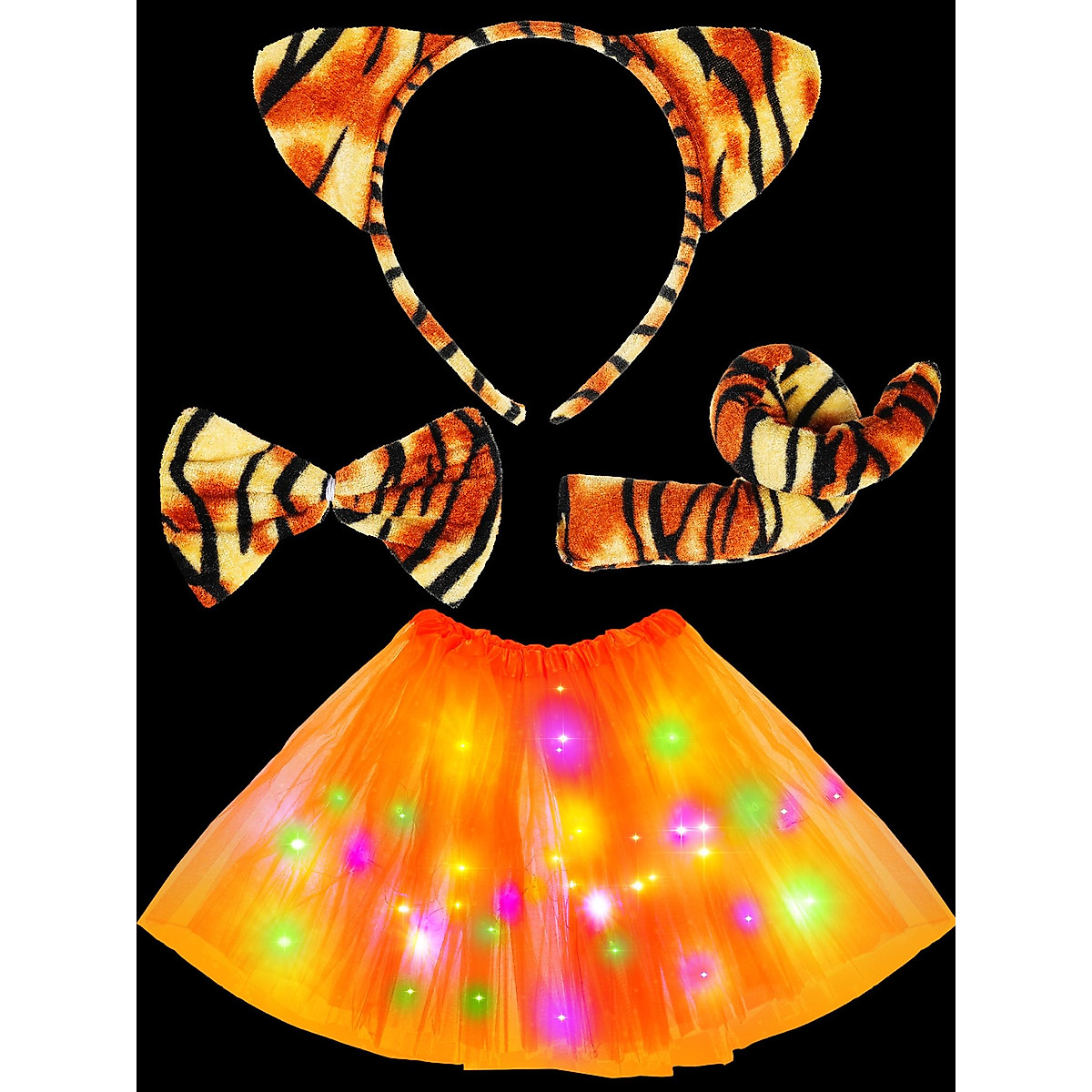 Retisee 4 Pcs Tiger Costume Set Includes Tiger Ears Headband, Tiger Tail, LED Orange Tutu Skirt and Bow Tie for Kids Halloween Cosplay Glow in the Dark Animal Fancy Costume Party