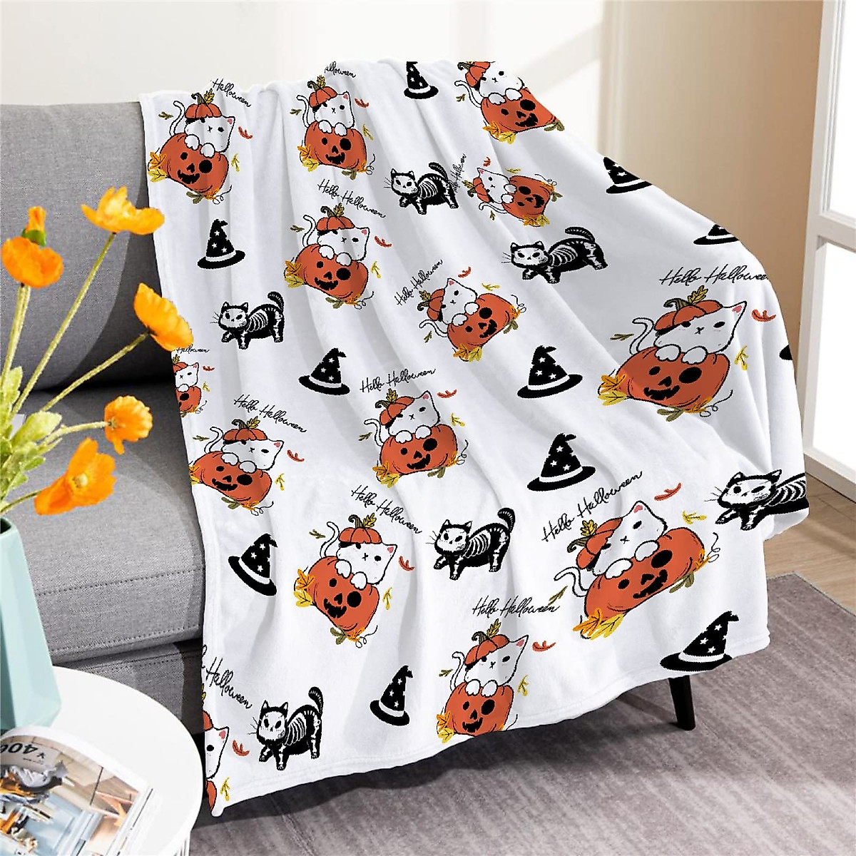 Halloween Pumpkin Cute Cat Skeleton Blanket Microfiber Flannel Throw Lightweight Super Soft Cozy Blankets for Couch Bed Sofa Chair, Gift for Birthday Thanksgiving Halloween 50"x40"for Kids