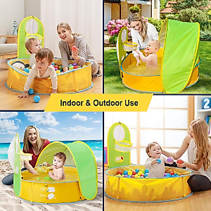 FBSPORT Ball Pit Tent for Kids, Baby Beach Tent Paddling Pool, Baby Play Pool Tent, 50+ UPF Protection Sun Shade with Basketball Hoop- Balls Not Included