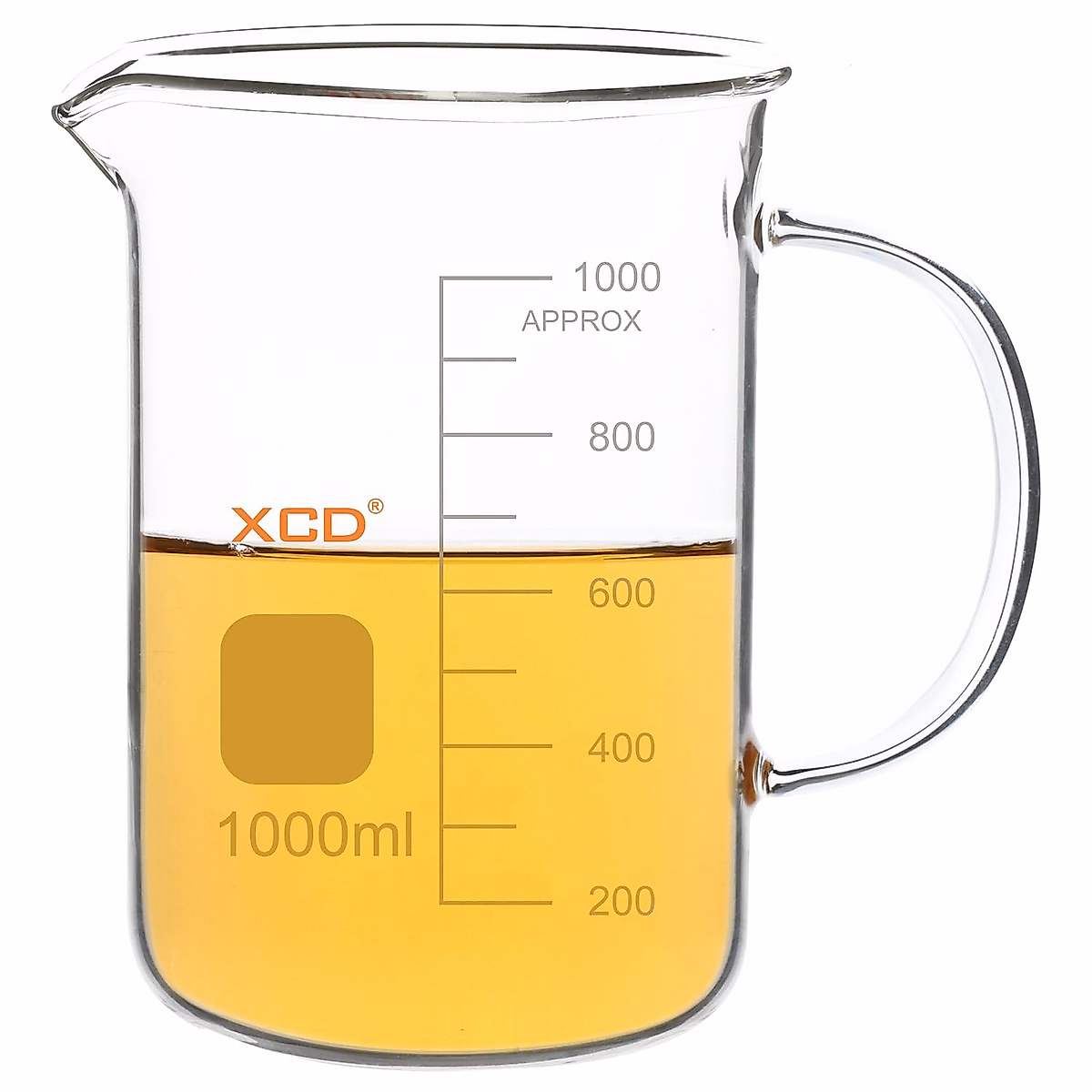 XCD Glass Beaker (1000 ml), Borosilicate Glass Beaker Low Form Griffin Graduated Beaker with Handle and Pouring Spout