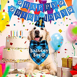 JOTFA Dog Birthday Party Supplies, Plaid Dog Birthday Boy Bandanas with Dog Birthday Party Number Hat Bow Tie Bannner for Small Medium Large Dogs Pets (Light Blue)
