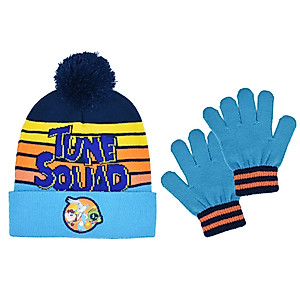 Concept One Space Jam A New Legacy Tune Squad Kids Pom Cuffed Beanie Hat and Gloves Set, Blue, One Size