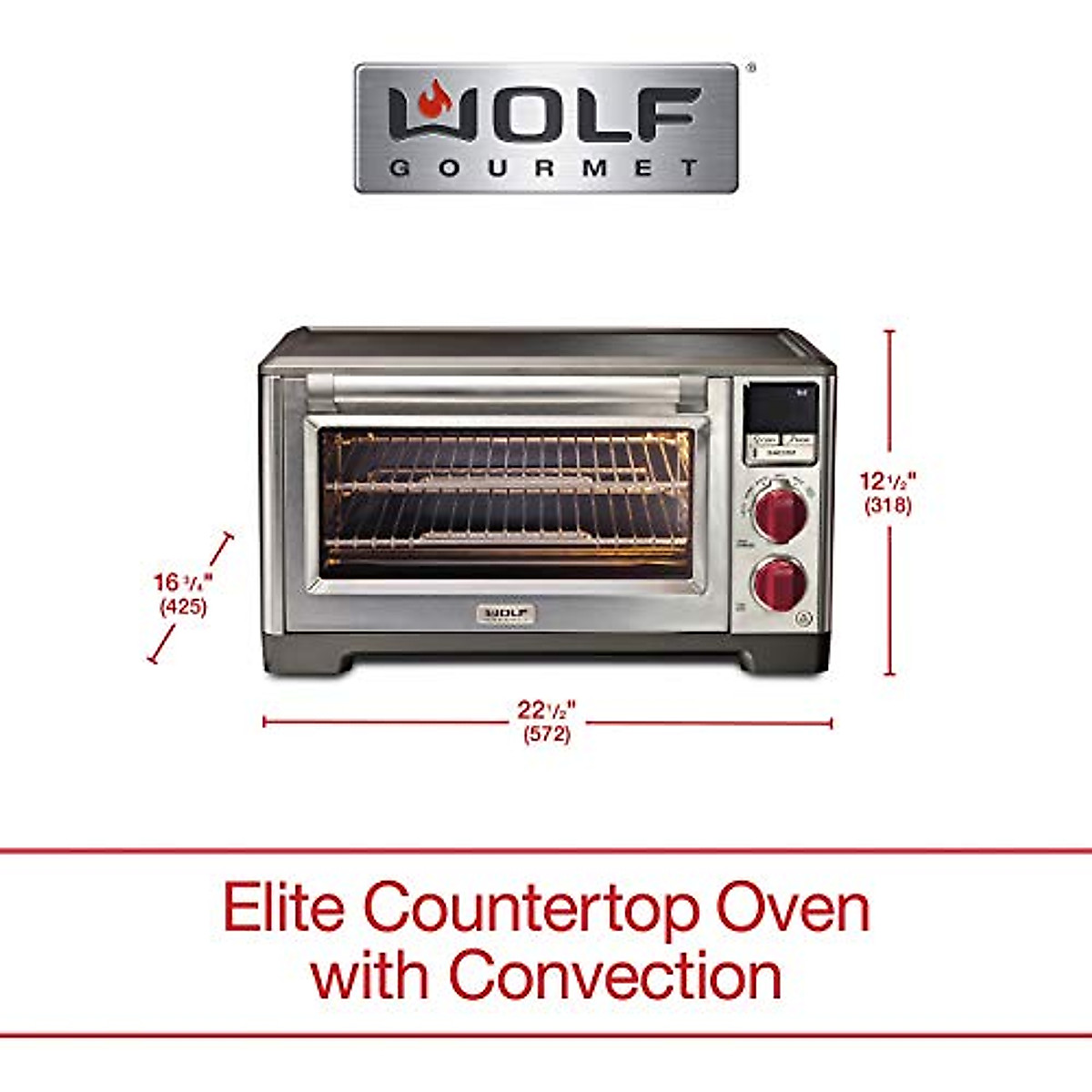 Wolf Gourmet Elite Digital Countertop Convection Toaster Oven with Temperature Probe, Stainless Steel and Red Knobs (WGCO150S)