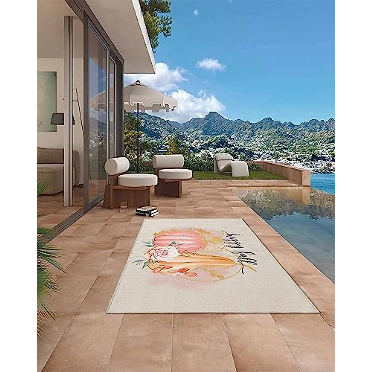 Thanksgiving Fall Outdoor Rug for Patio/Deck/Porch, Non-Slip Area Rug 6x9 Ft, Pink Orange Pumpkin Autumn Botanical Rustic Indoor Outdoor Rugs Washable Area Rugs, Reversible Camping Rug Carpet Runner