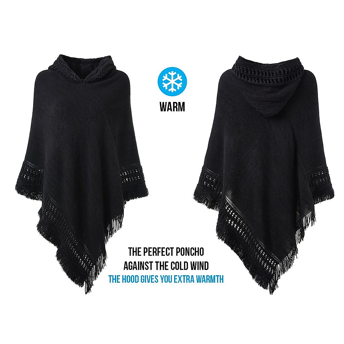 Ferand Ladies' Hooded Cape with Fringed Hem, Crochet Poncho Knitting Patterns for Women, Black