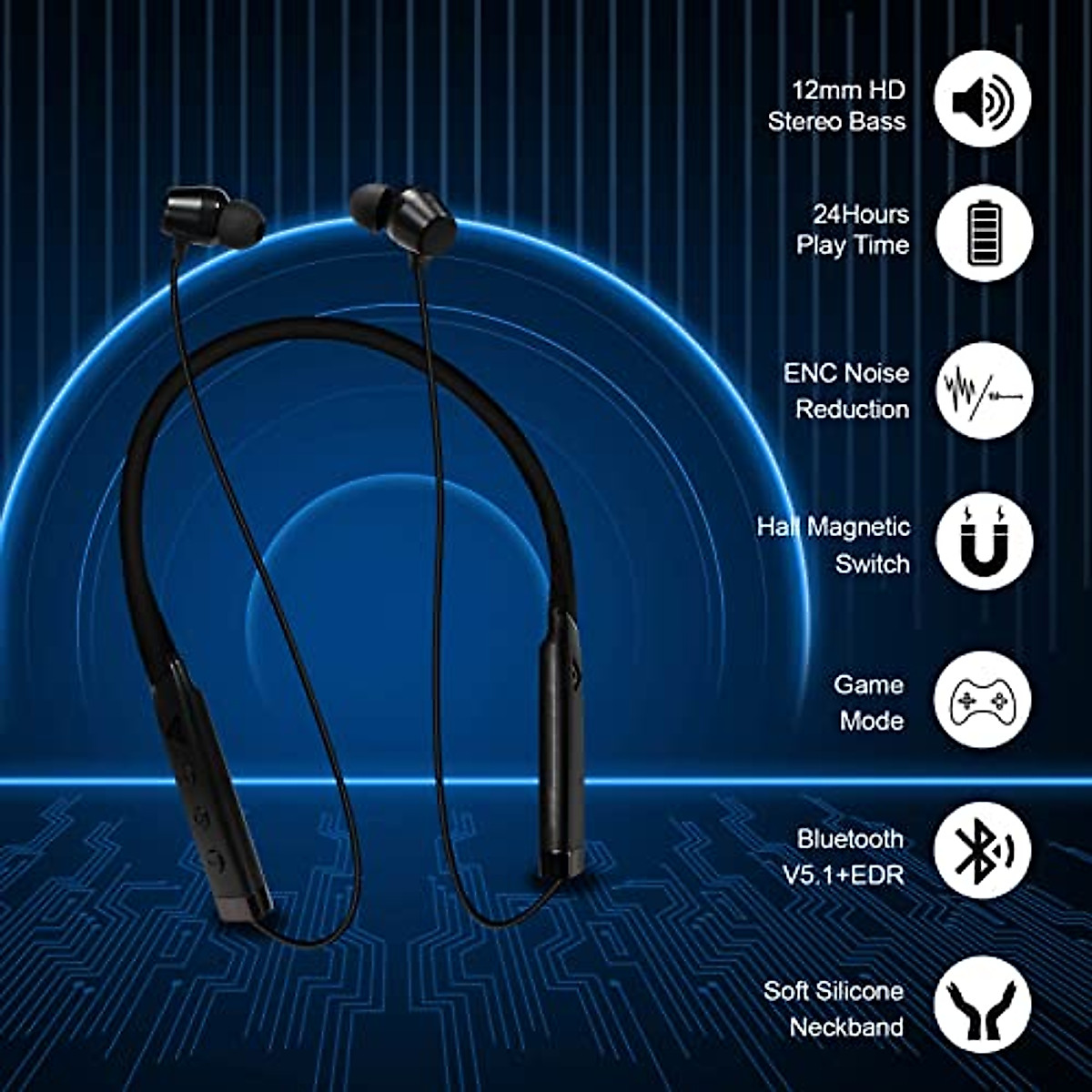 Conchpeople Neckband Bluetooth Headphones Wireless in-Ear Extra Bass Headet with Mic, V5.1 Bluetooth Earbuds 24H Playtime, 10 mm Drivers, IPX7 Waterproof for for Phone Call Music Sports (Black)