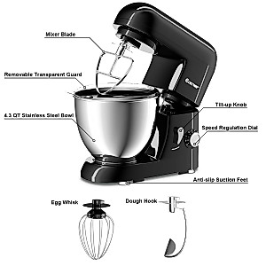 COSTWAY Stand Mixer 4.3 Quart 6-Speed 120V/550W 3 Attachments Offer Tilt-head Electric Food Mixer w/Stainless Steel Bowl (Painted-Black)