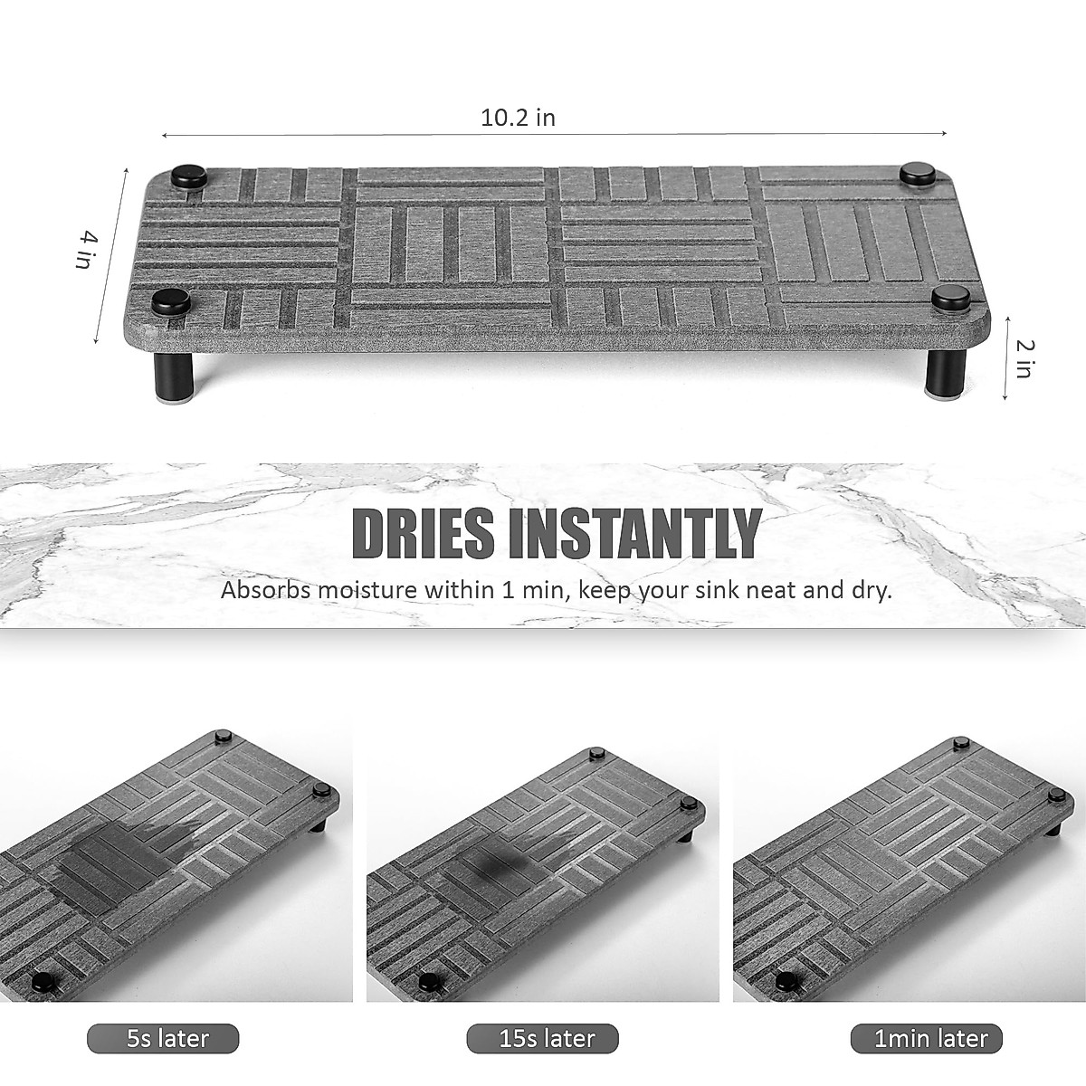 Fast Drying Stone Sink Caddy, Instant Dry Organizer Rack, Diatomaceous Earth Soap Stand Tray for Kitchen Sink, Water Absorbing Stone, Sponge Holder Dispenser for Bathroom Counter, Dark Gray