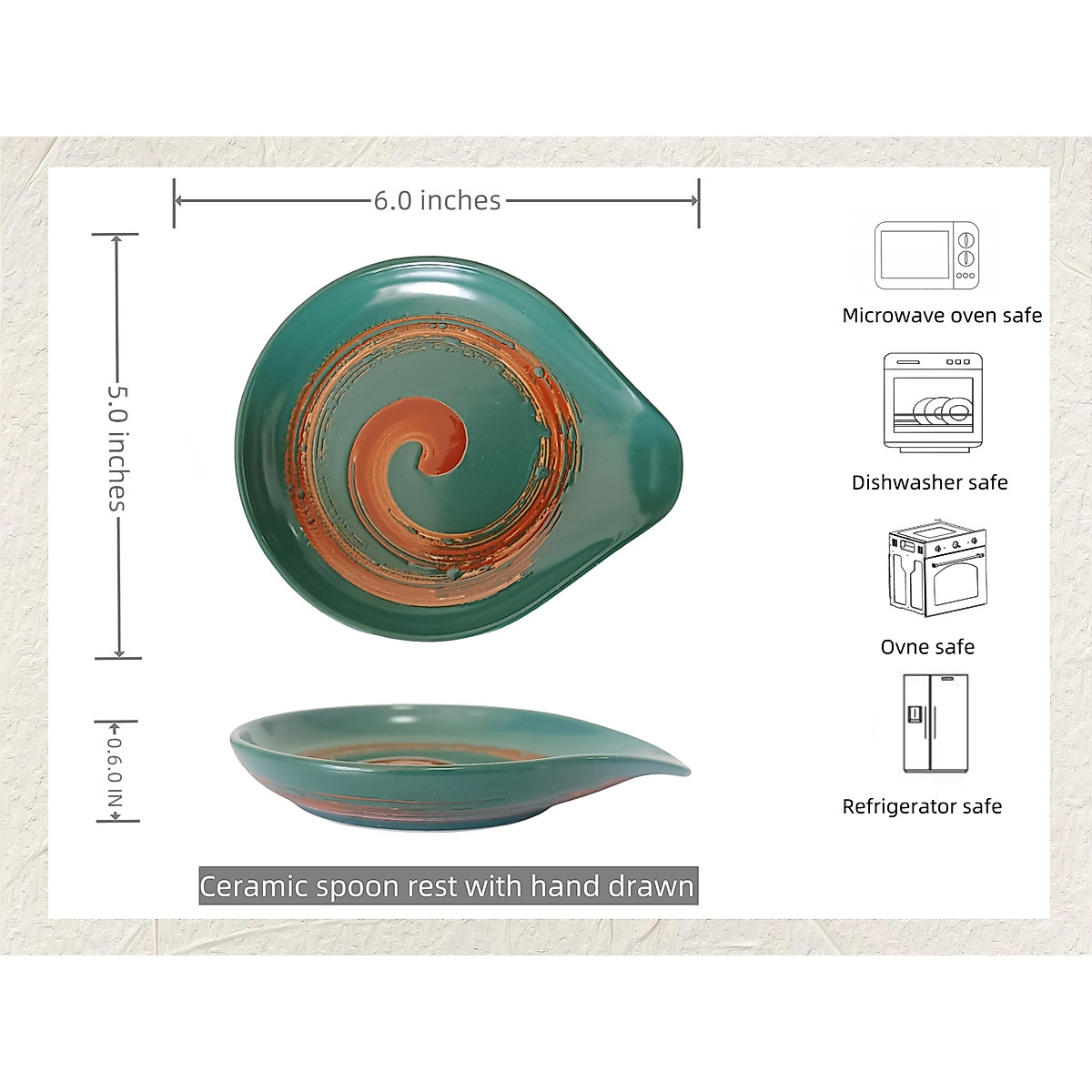 Homyne Ceramic Spoon Rest for Stove Top, Hand Painted Brown Swirl Spoon Rest for Kitchen Counter, Retro Cooking Spoon Holder for Kitchen Counter, Utensil Rest for Spatula Ladle or Tong (Grass Green)