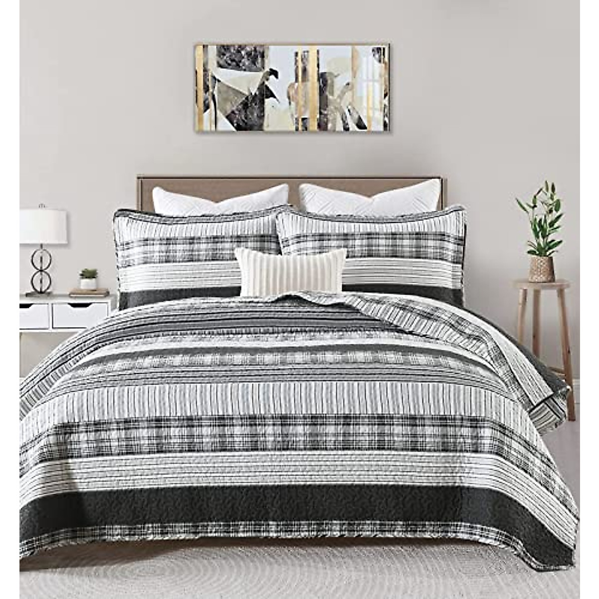 Homzard King Size Quilt,Black and White Striped Quilt King Size Bedding Set,Grey King Quilt Bedding Set,Farmhouse Lightweight Quilt Set for King Size Bed,100% Cotton Quilt Bedding All Season