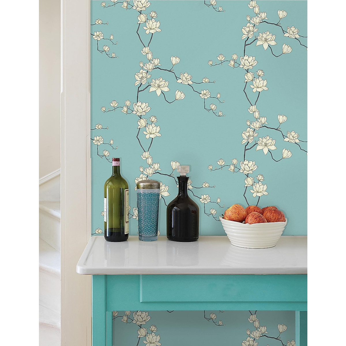 GloryTik Peel and Stick Wallpaper Blue Beige Floral Contact Paper Self Adhesive Removable Waterproof Wall Paper for Bedroom Bathroom Cabinets Room Walls 17.3" x 118"