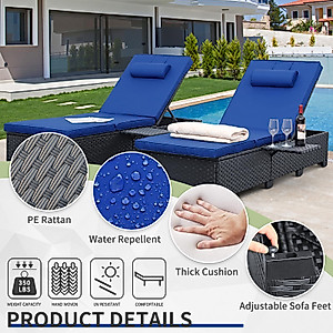 WAROOM Outdoor Chaise Lounge Chair PE Wicker Patio Furniture Set of 2 Black Rattan Pool Lounge Chairs Adjustable Backrest Recliners with Royal Blue Cushion